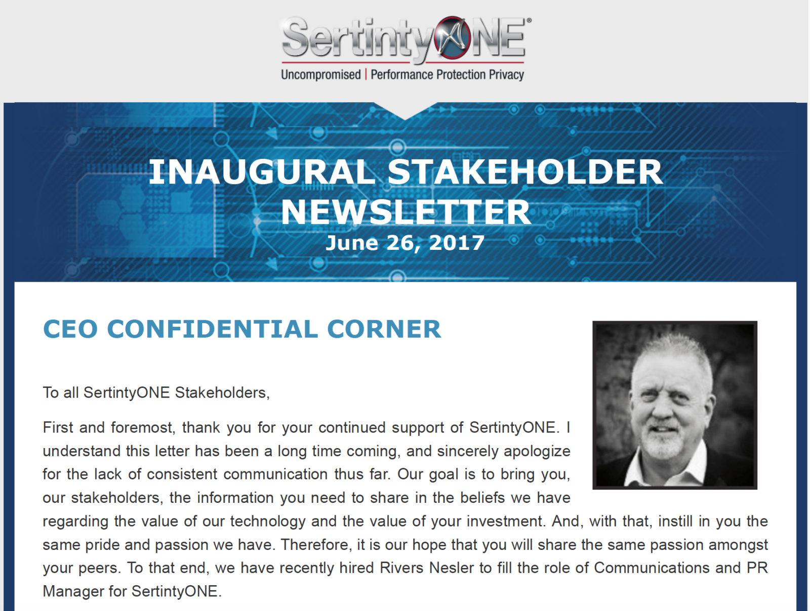 Inaugural Stakeholder Newsletter - Sertainty