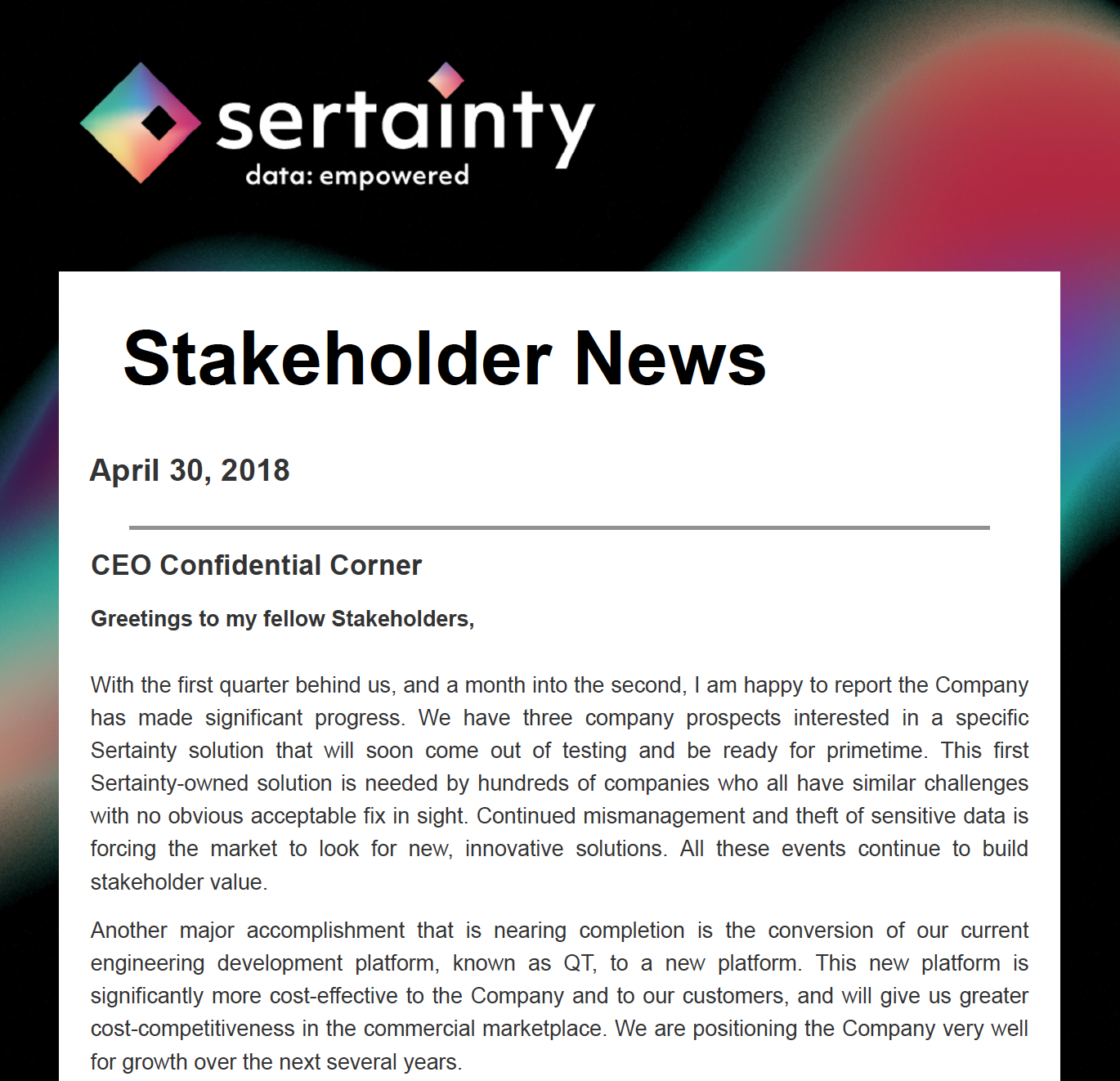 Sertainty 1Q Stakeholder Newsletter - Sertainty